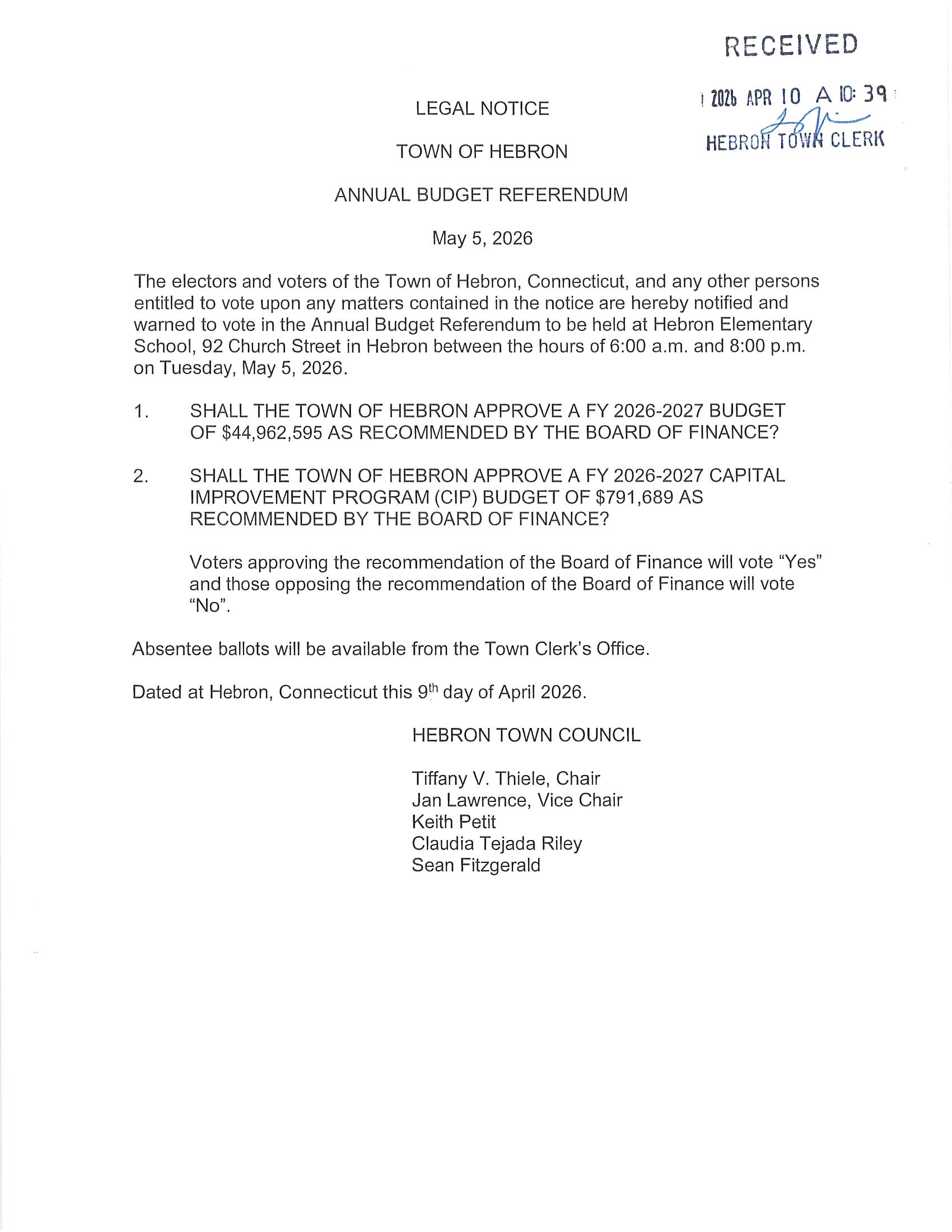 Legal Notice Annual Budget Referendum - May 5, 2026 - Town of Hebron